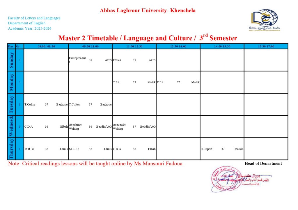 Time table M2 LC – Abbes Laghrour University Khenchela