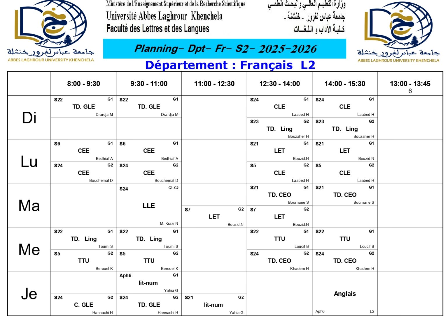 Second Semester L2 Schedule – Abbes Laghrour University Khenchela